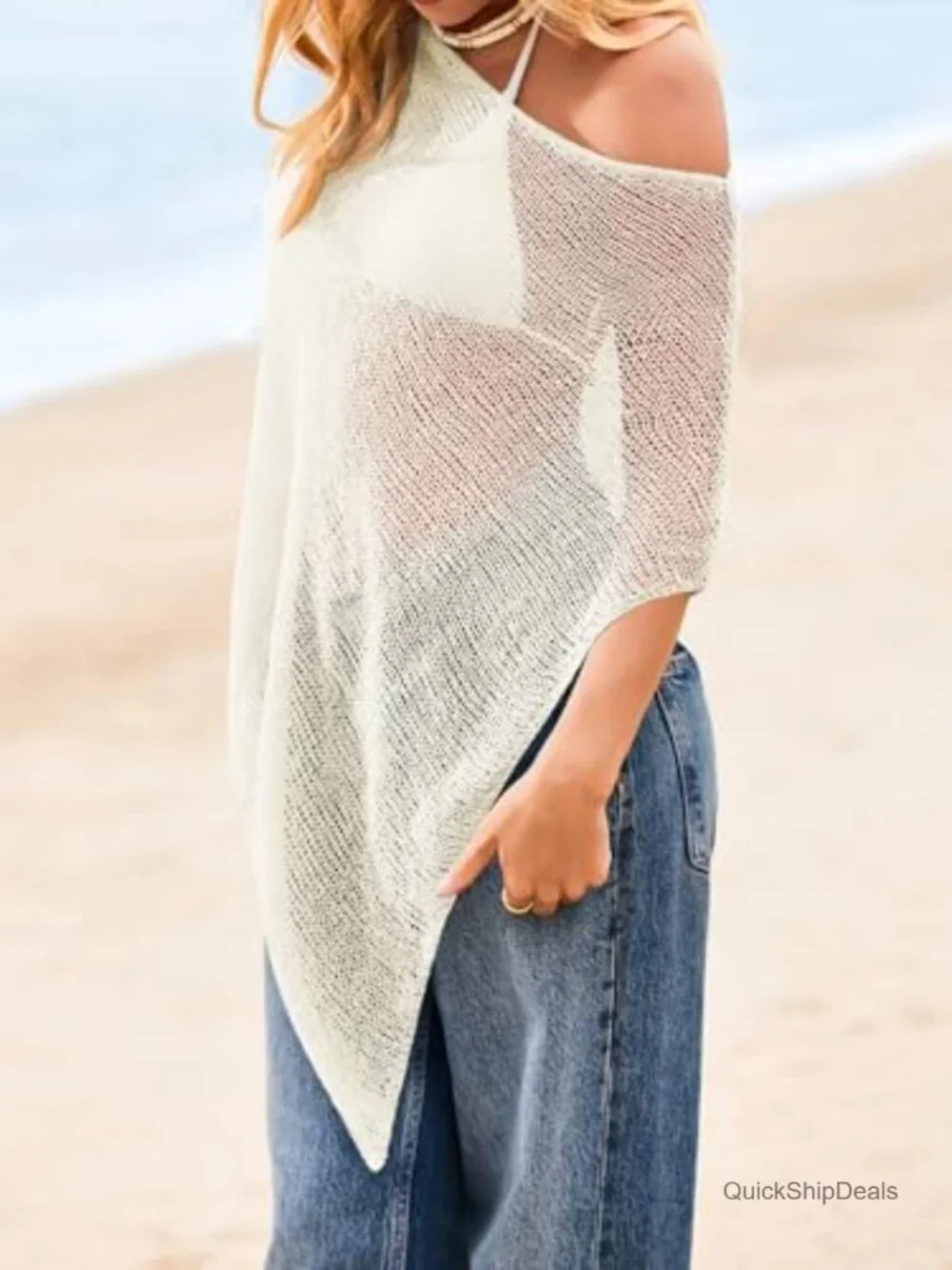 Swim | Sheer Crochet Knit Mesh Cover Up Batwing Sleeve Boho Poncho Top ...